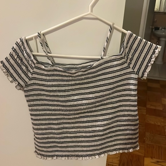 Tops | Off The Shower Strapped White And Black Ruffled Crop Top | Poshmark